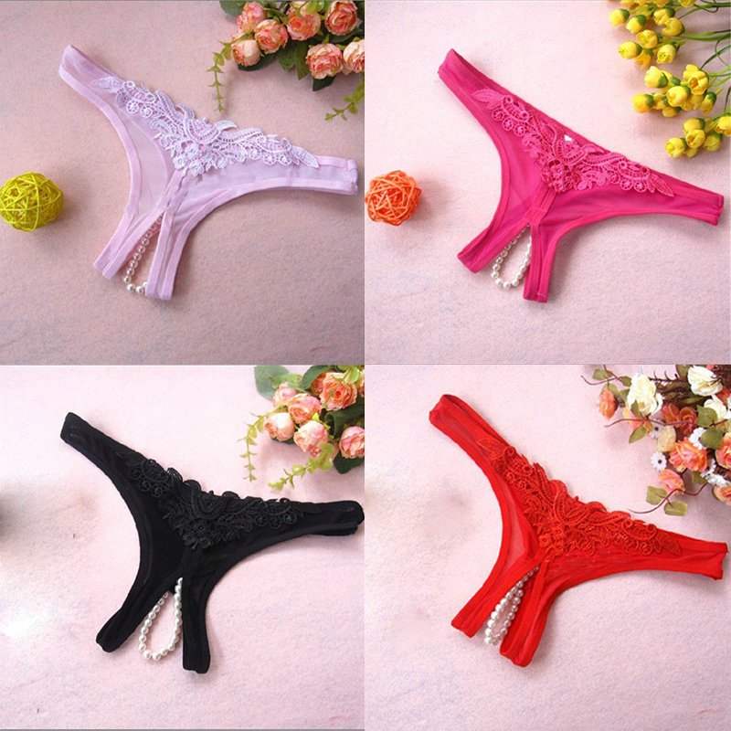 Underwear Pearl Sexy G String Crotchless Lace Night Panties Thongs Open